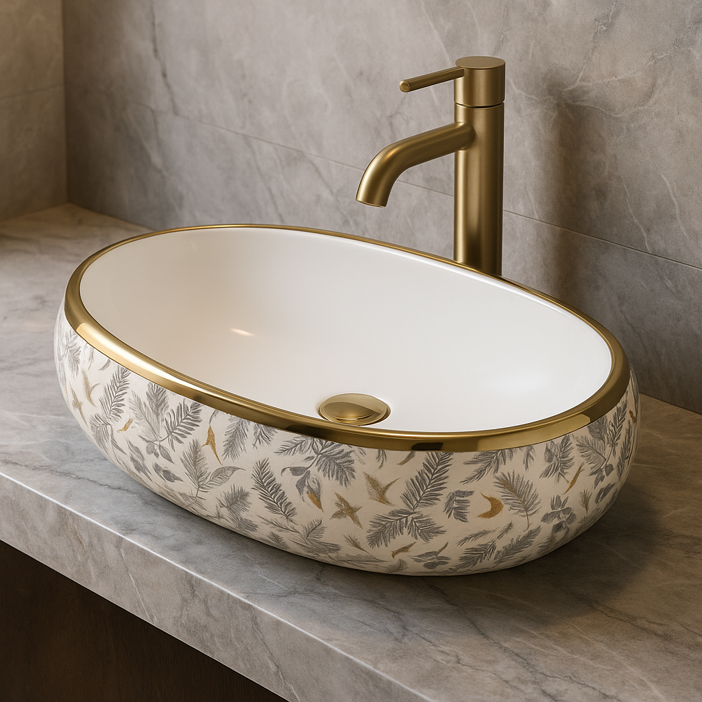 Premium Ceramic Wash Basin (Gold Rim & Leaf Pattern) — Bassino Impex