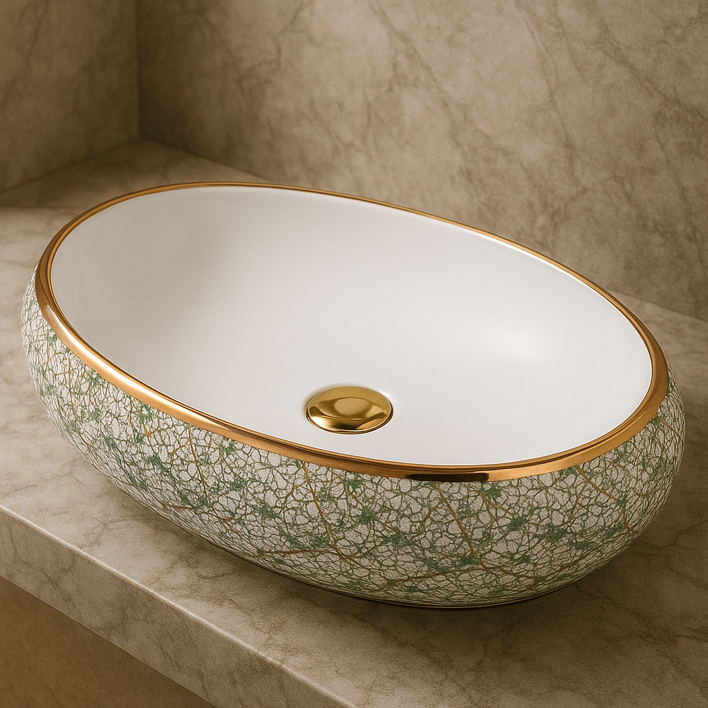 Premium Ceramic Wash Basin (Rose Gold Rim & Artistic Pattern) — Bassino ...