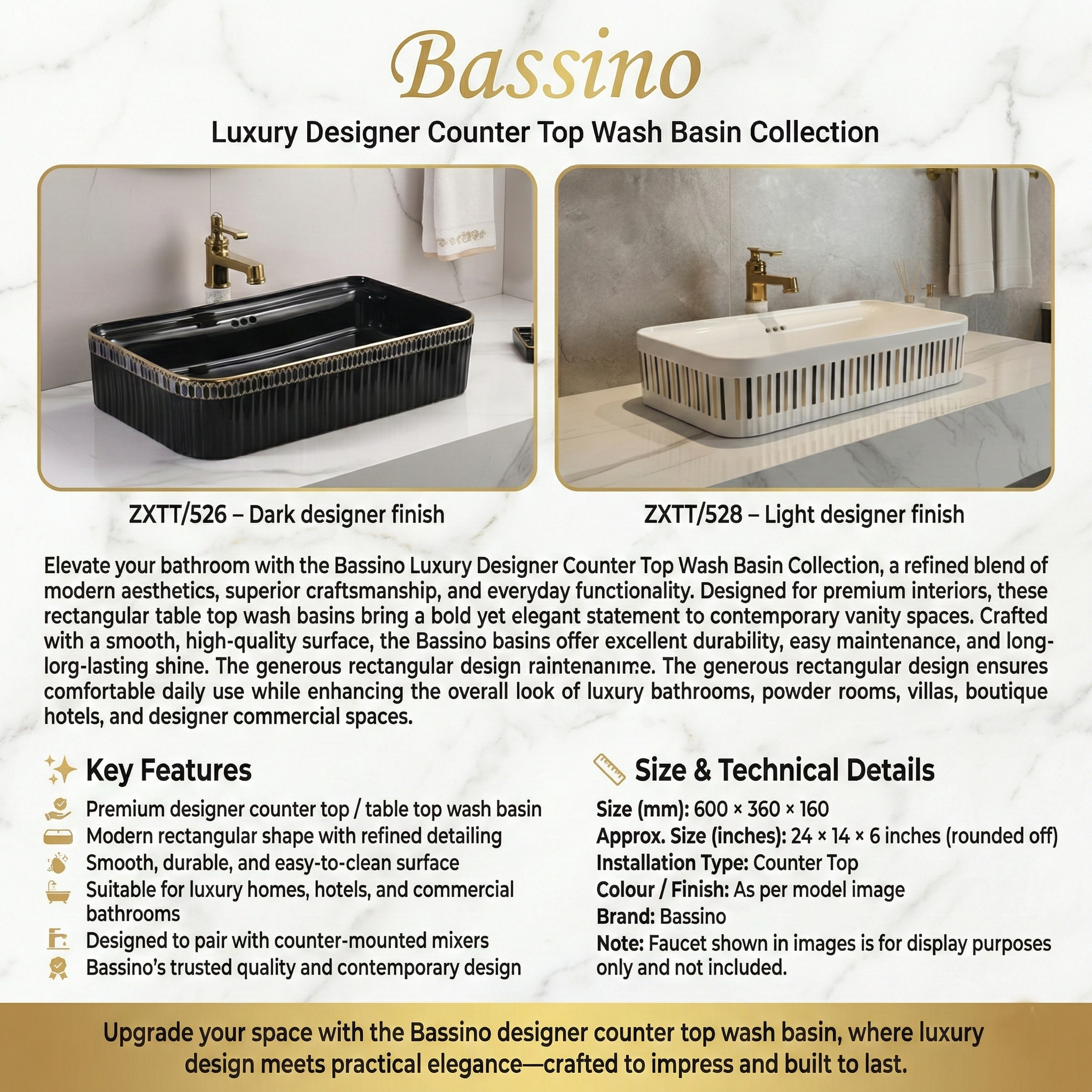 Bassino Luxury Designer Counter Top Wash Basin | Premium Rectangular ...